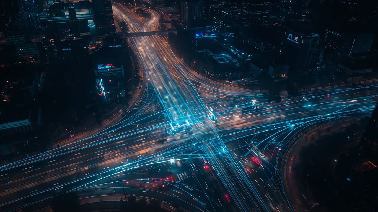Digital overlay materializing over highway junction at night, tracing ...