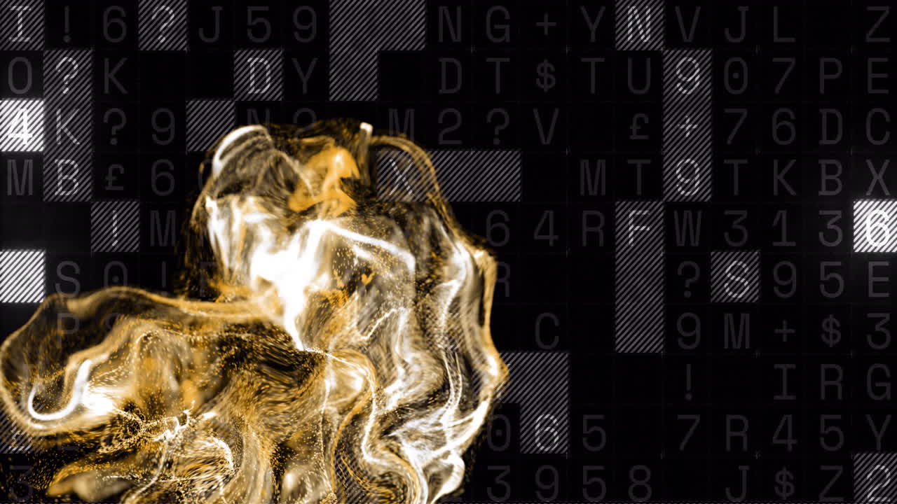 Golden fluid motion animation over black background with alphanumeric ...