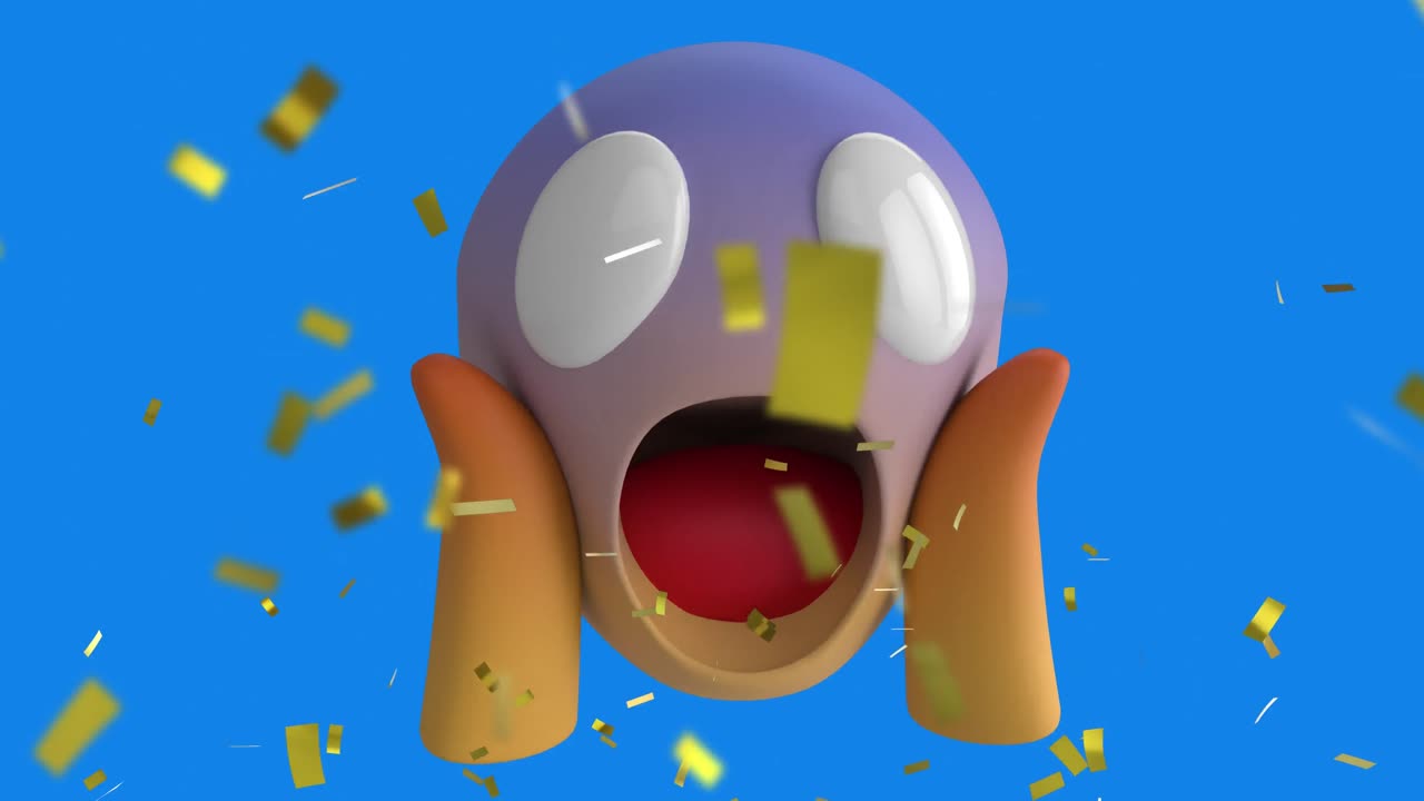 Digital animation of golden confetti falling over surprised face emoji ...