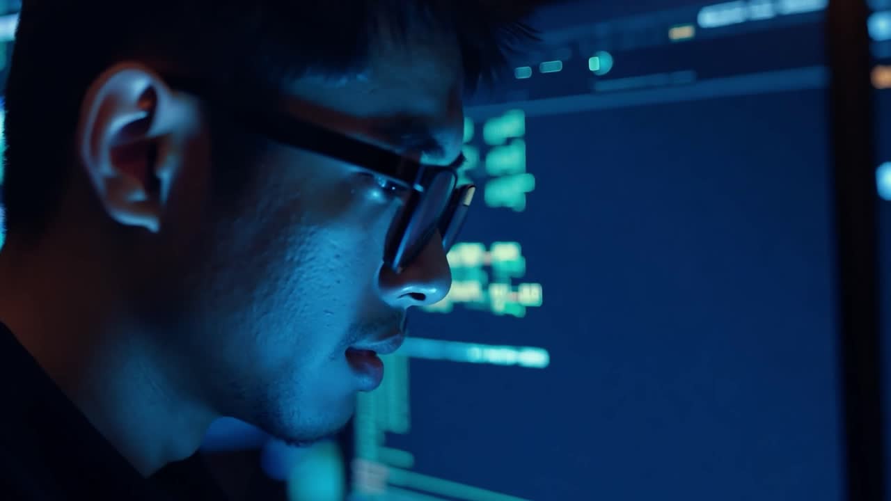 Software developer concentrating on code in a dark office, immersed in ...