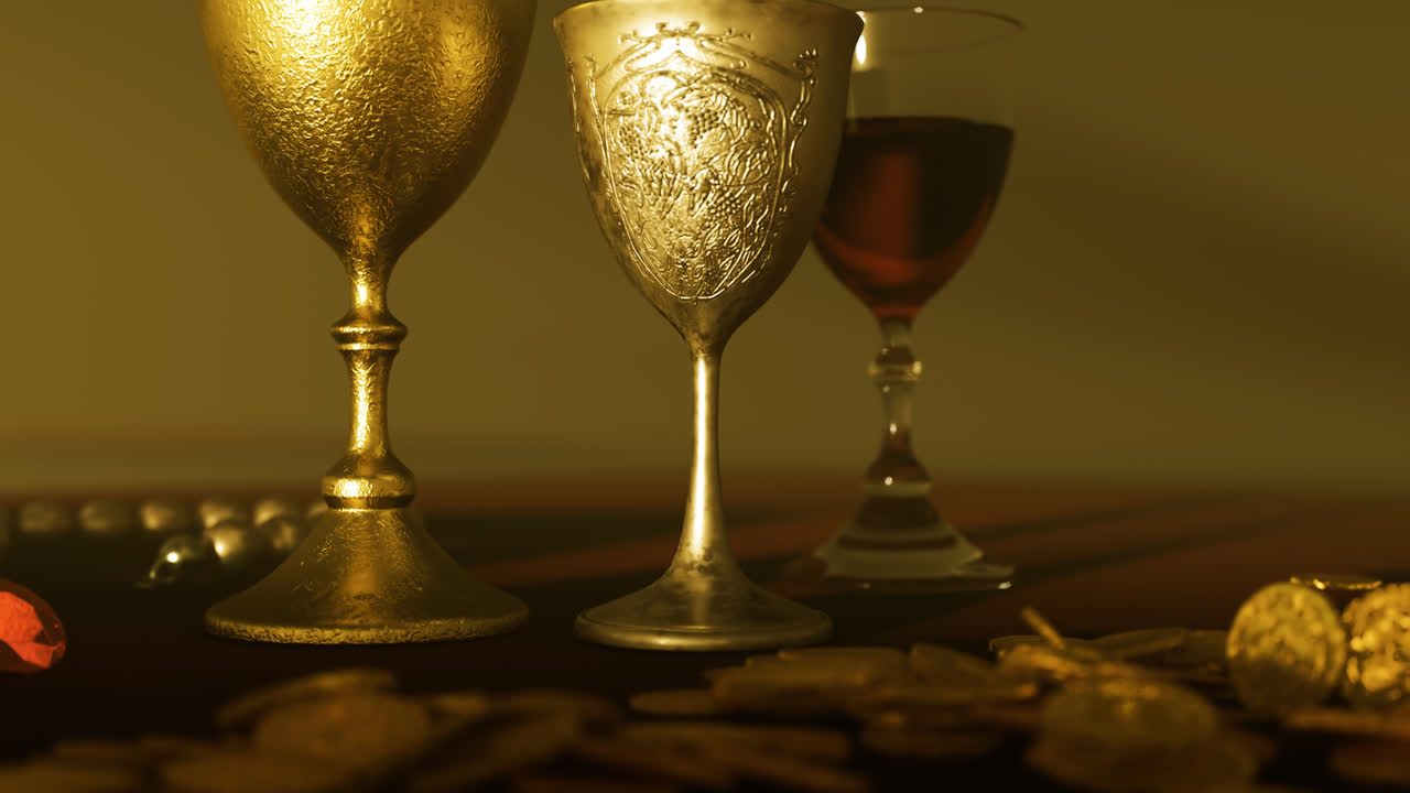 Premium stock video - Zoom on wooden table with antique gold goblets or ...