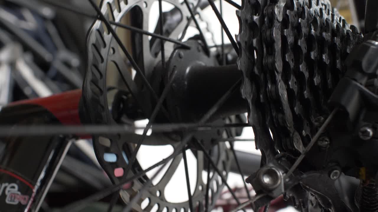 Slow Spinning Rear Bike Cassette On Hub With Disc Brake On Cycle ...