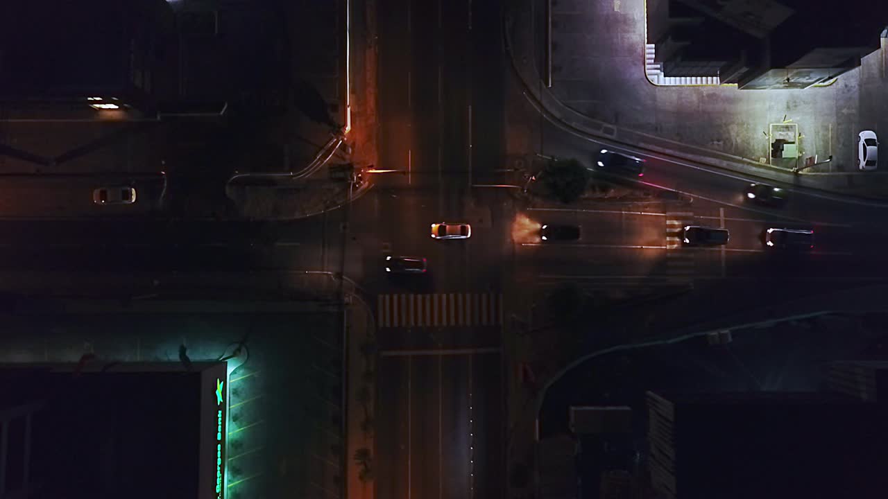 Static Top Down Drone Aerial View Of Night Car Traffic On Downtown ...
