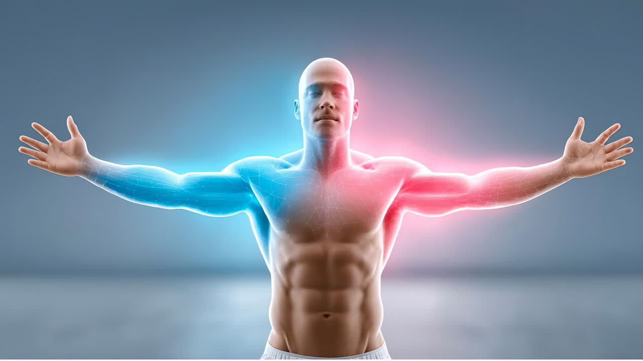 3D human arm movement display. A human figure stands with arms extended ...