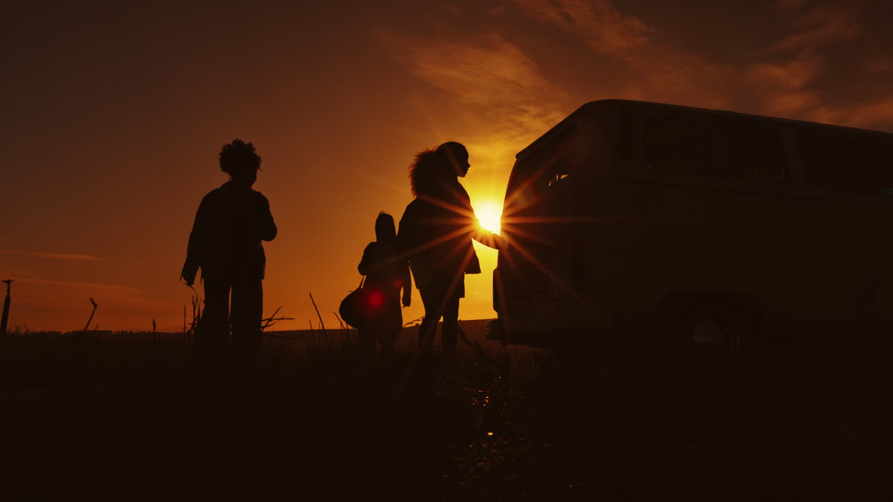 Road trip, sunset and friends by car Premium Stock Video Footage