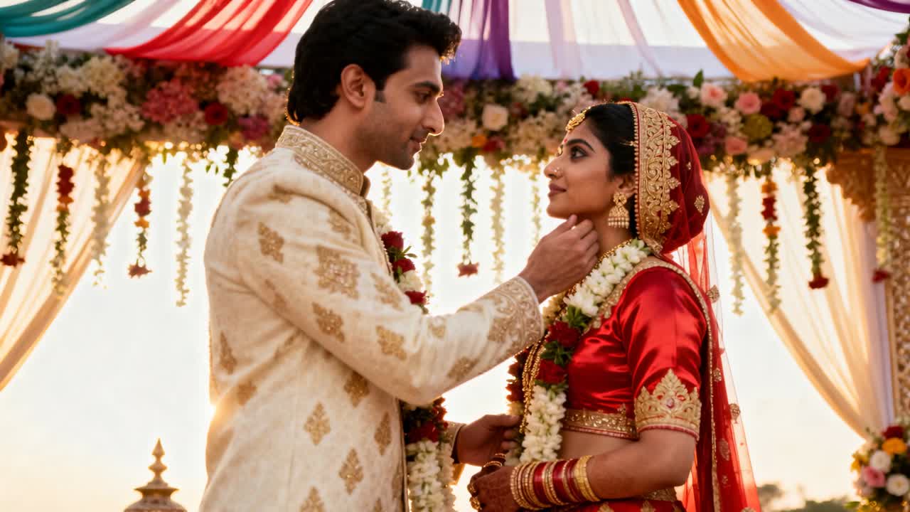 Adjusting groom in sherwani reaching, placing jaimala at mandap during ...