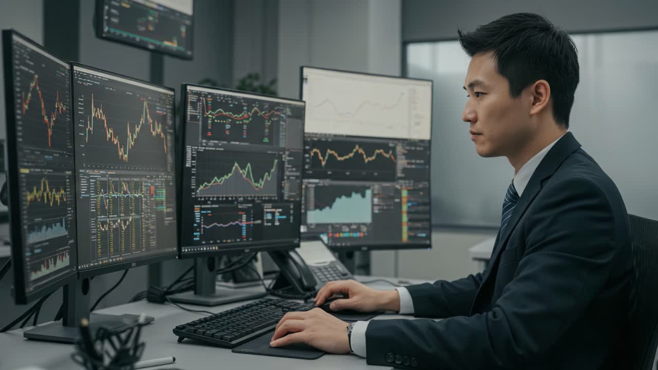 Focused Professional Analyzing Financial Data on Multiple Monitors in a ...