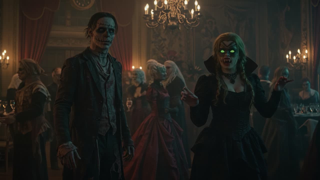 A mysterious masquerade ball scene unfolds, featuring two eerie ...
