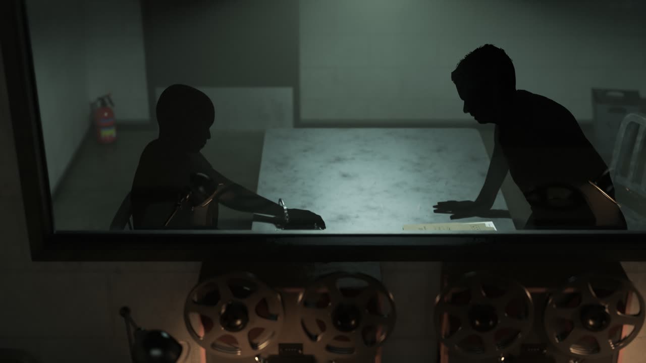 Premium stock video - Interrogation room behind one-way mirror glass ...