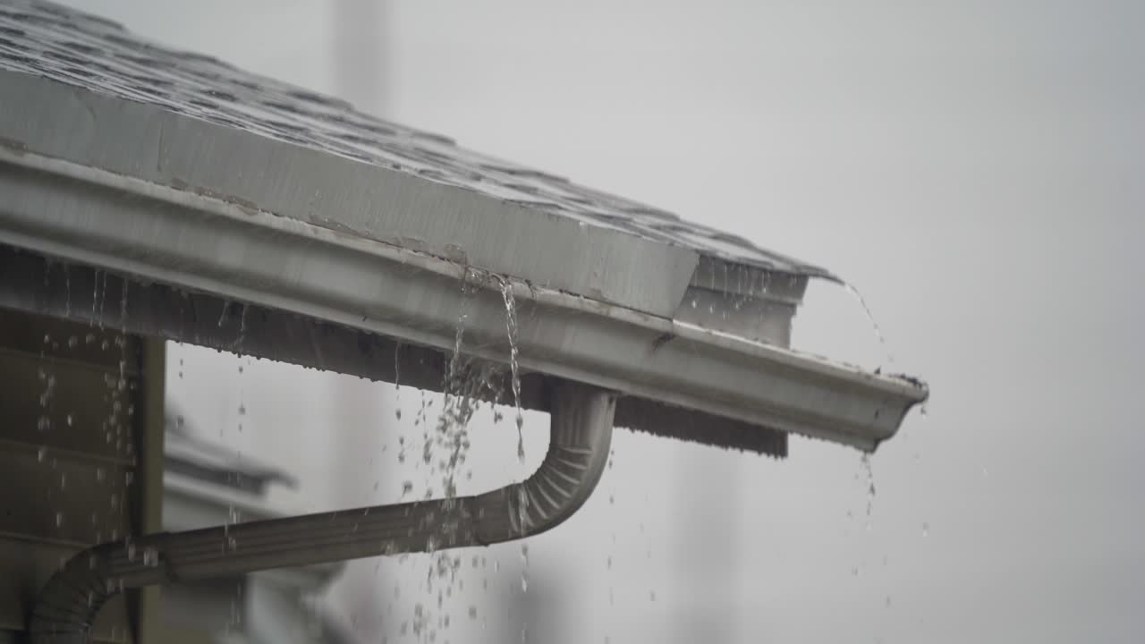 Premium stock video - Roof gutters overflowing during a heavy rain storm
