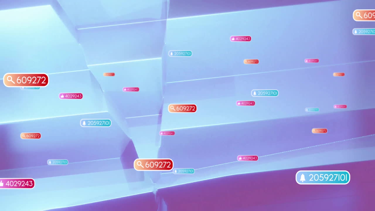 Colorful numerical data points animation over abstract blue and purple ...