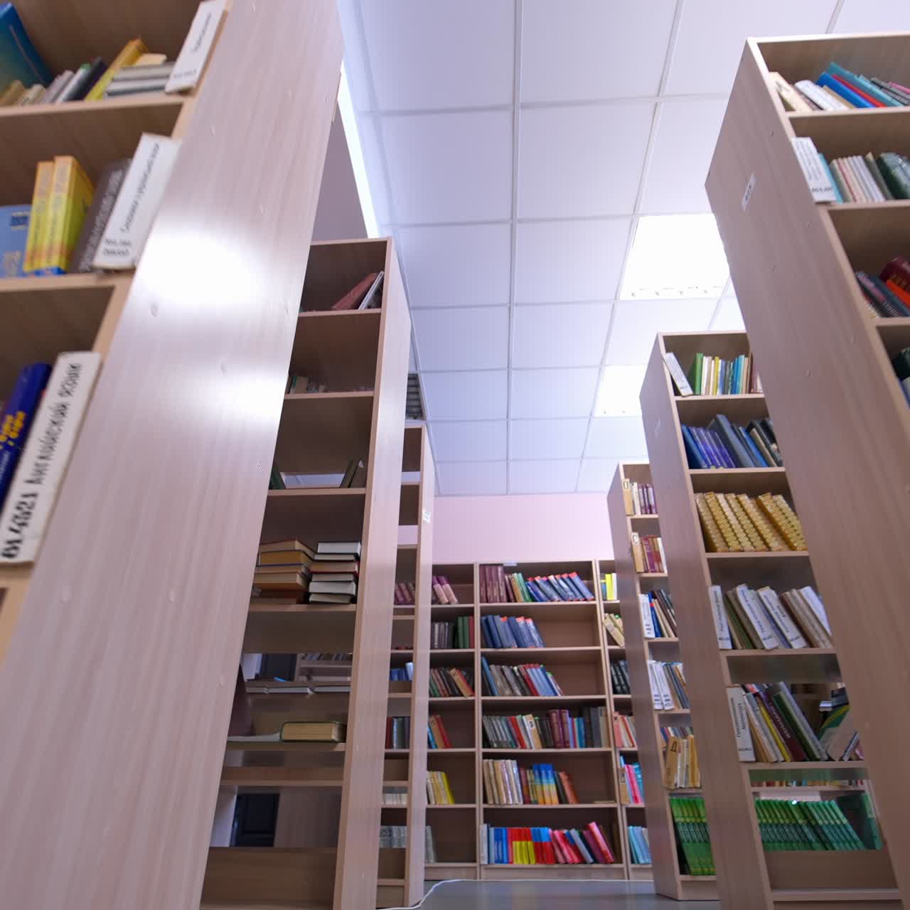 Library books stacked on shelves. Rows of bookcases with books in the ...