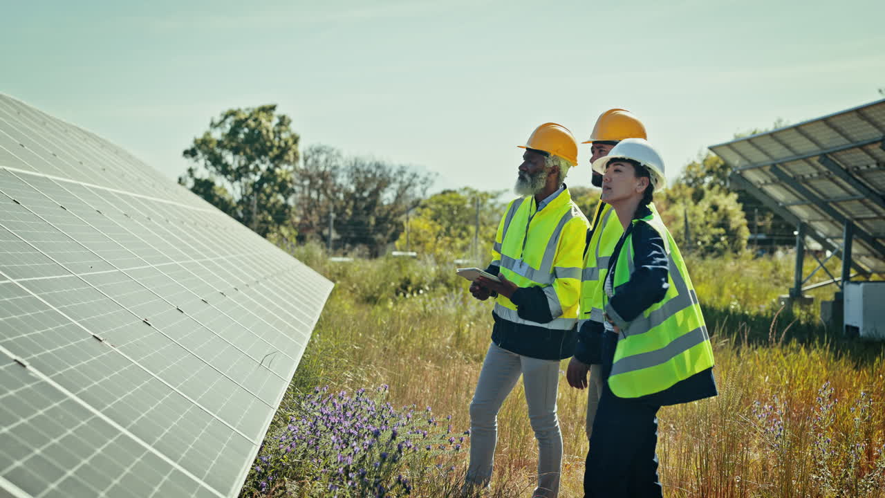 Premium stock video - Teamwork, solar panel and installation on field