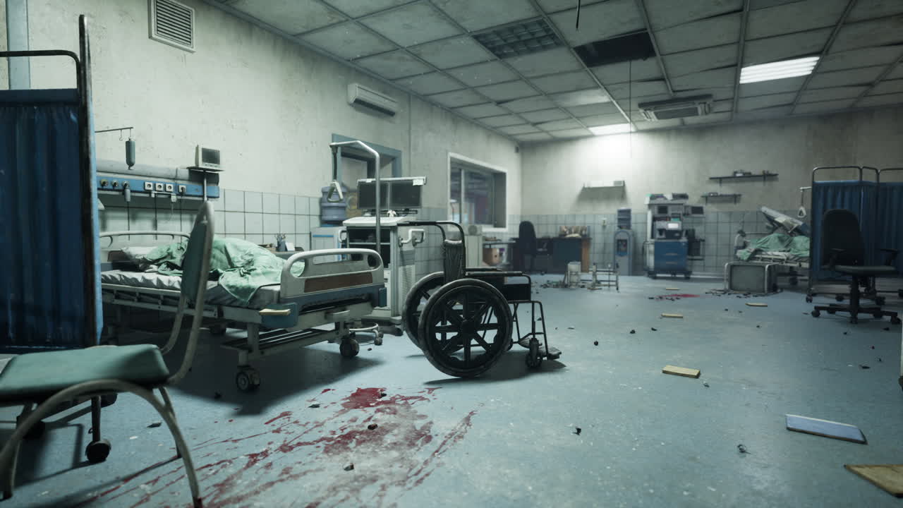 Inside an abandoned hospital room with damaged equipment and scattered ...