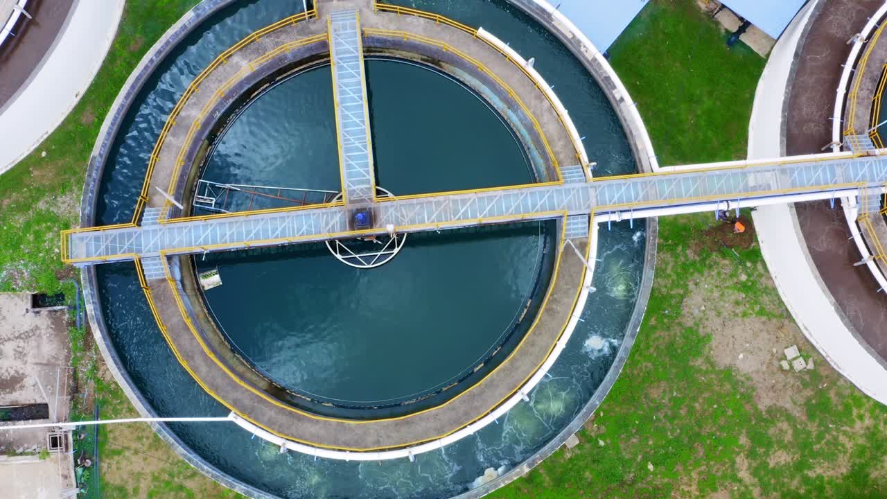 4K Aerial drone top down view clarifier sedimentation tank. Aerial view ...