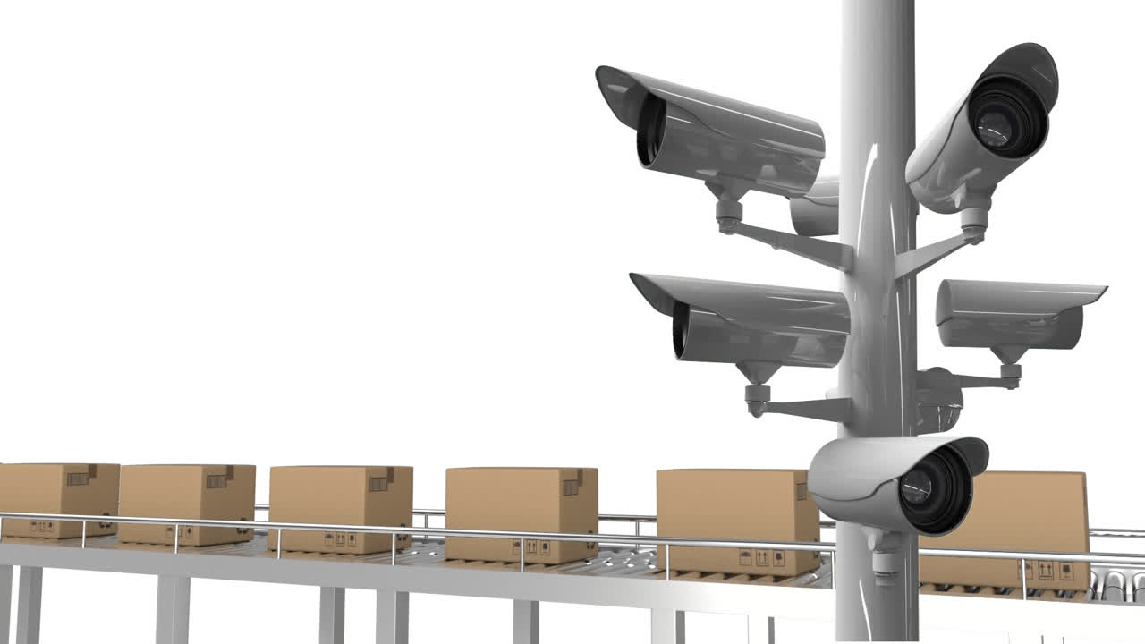 Premium stock video - Cctv cameras and boxes on conveyor belt