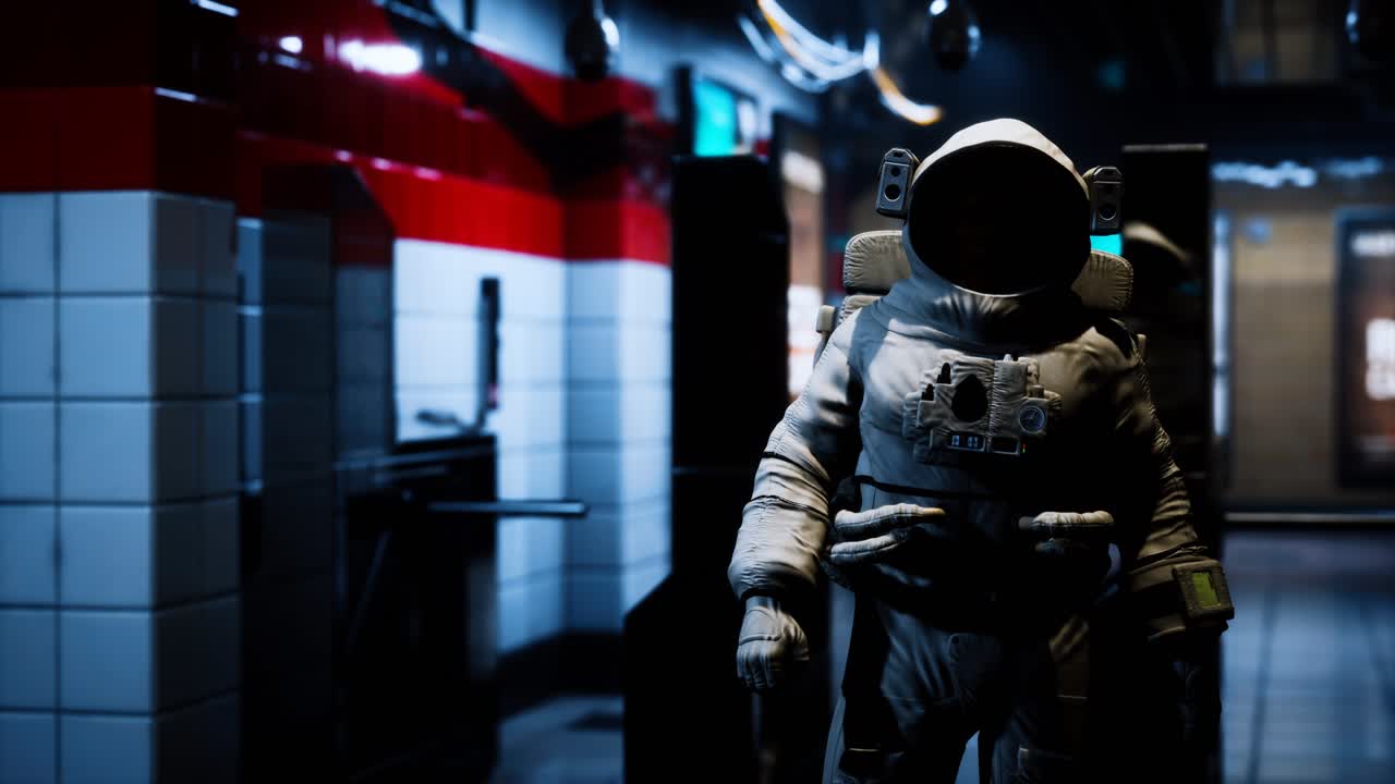 Premium stock video - Astronaut at underground metro subway