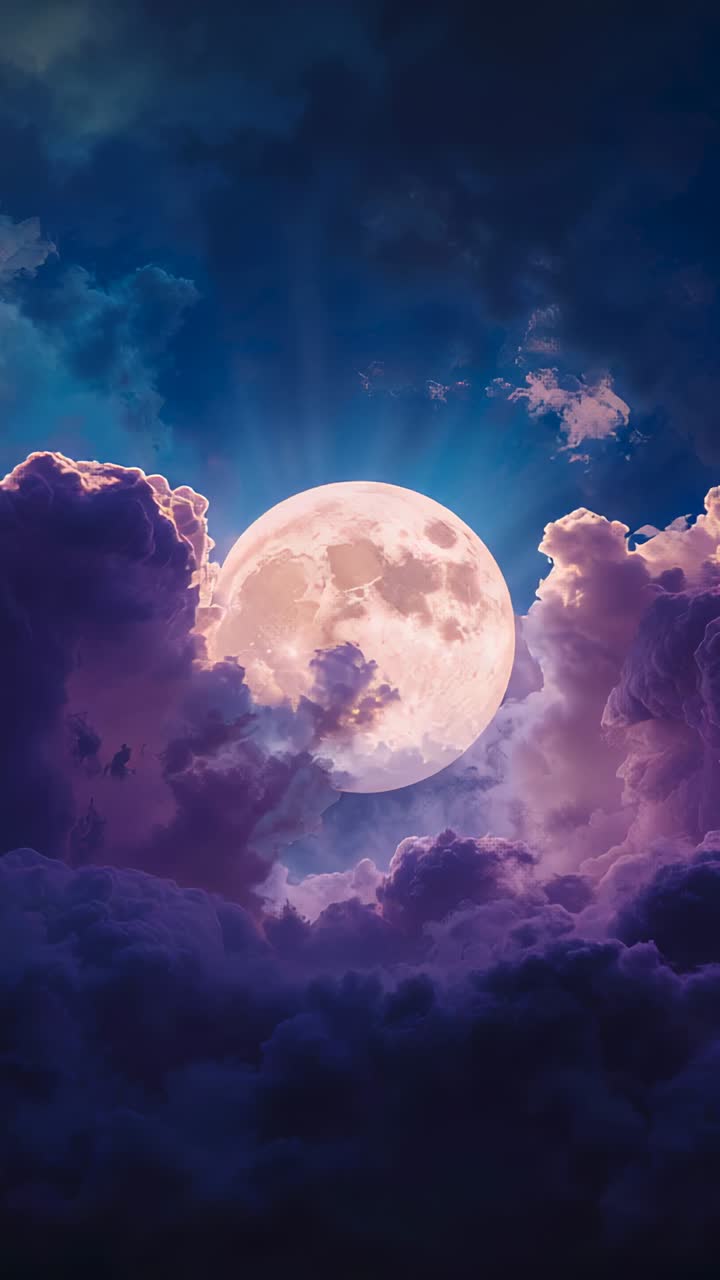 Vertical video: Drifting purple clouds revealing warm full moon at ...