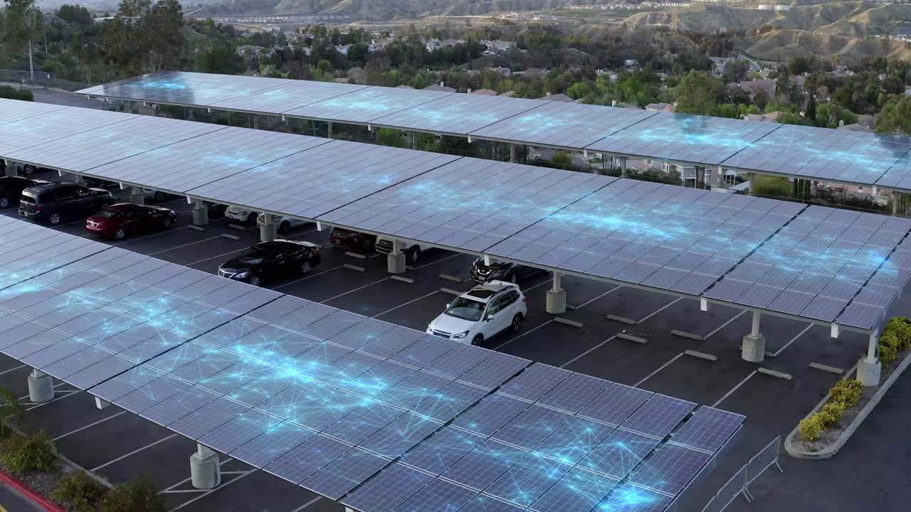 Premium stock video - Ev solar canopy collecting photovoltaic data in a ...