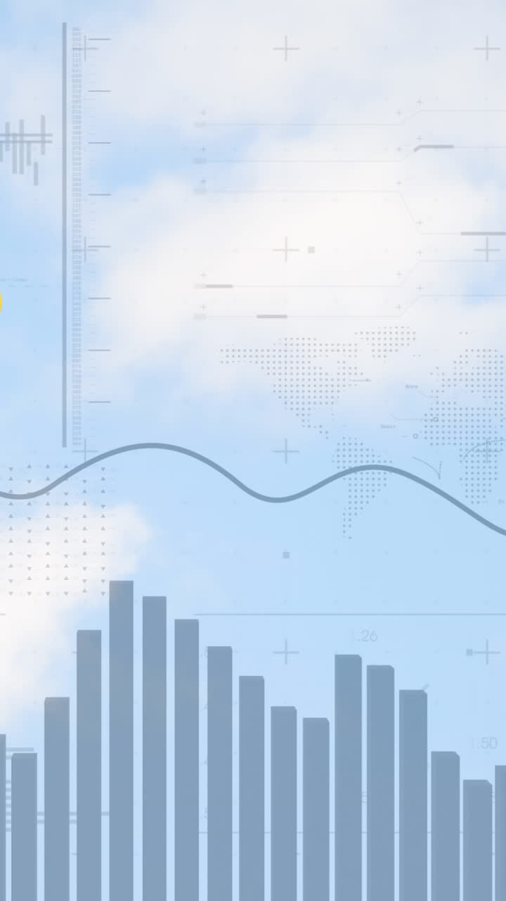 Animation of financial data processing over road sign and cityscape ...