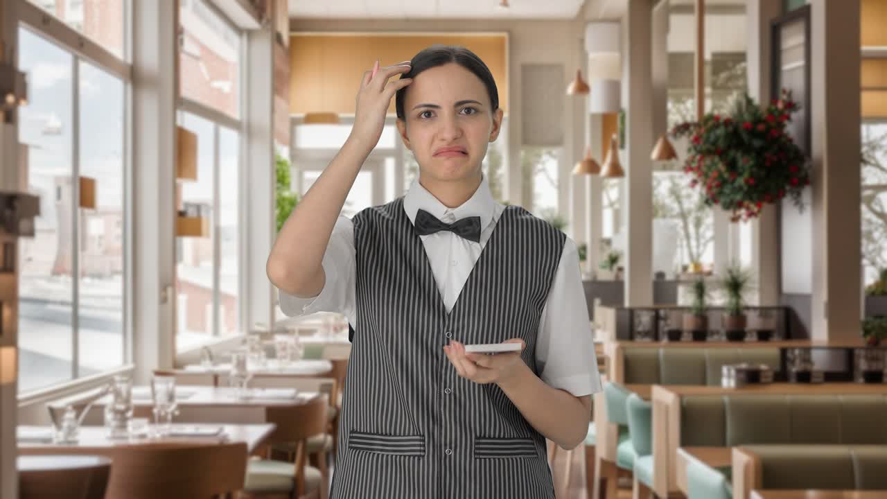Premium stock video - Confused indian woman waiter trying to understand ...