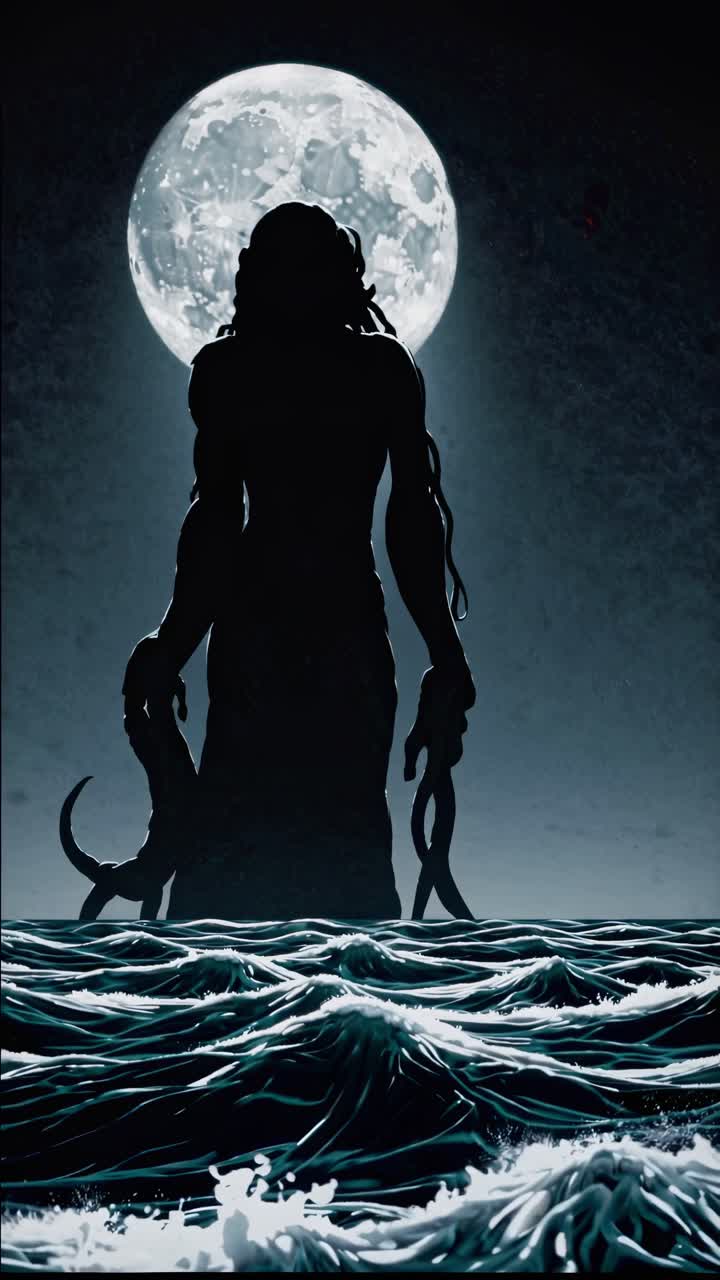 Dark silhouette of a colossal kraken rising from the ocean depths under a large full moon ...