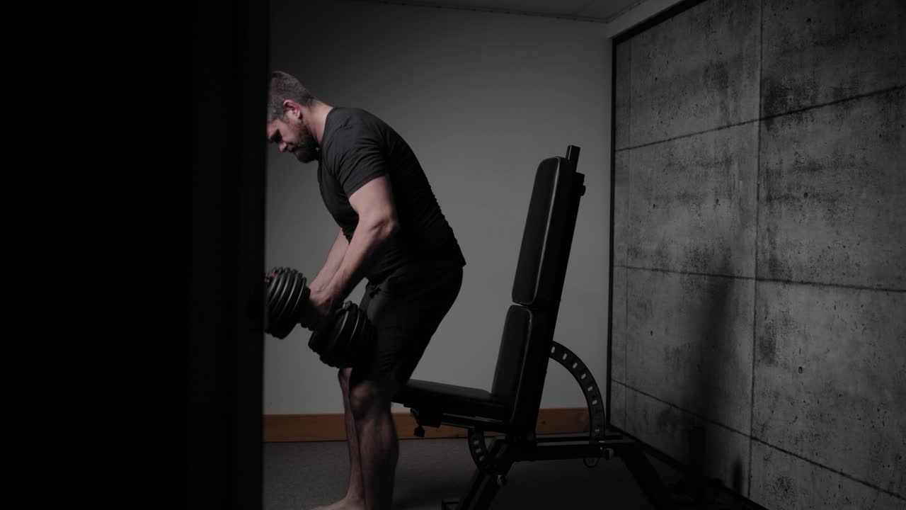Seated dumbbell shoulder press, cinematic lighting, white man dressed ...
