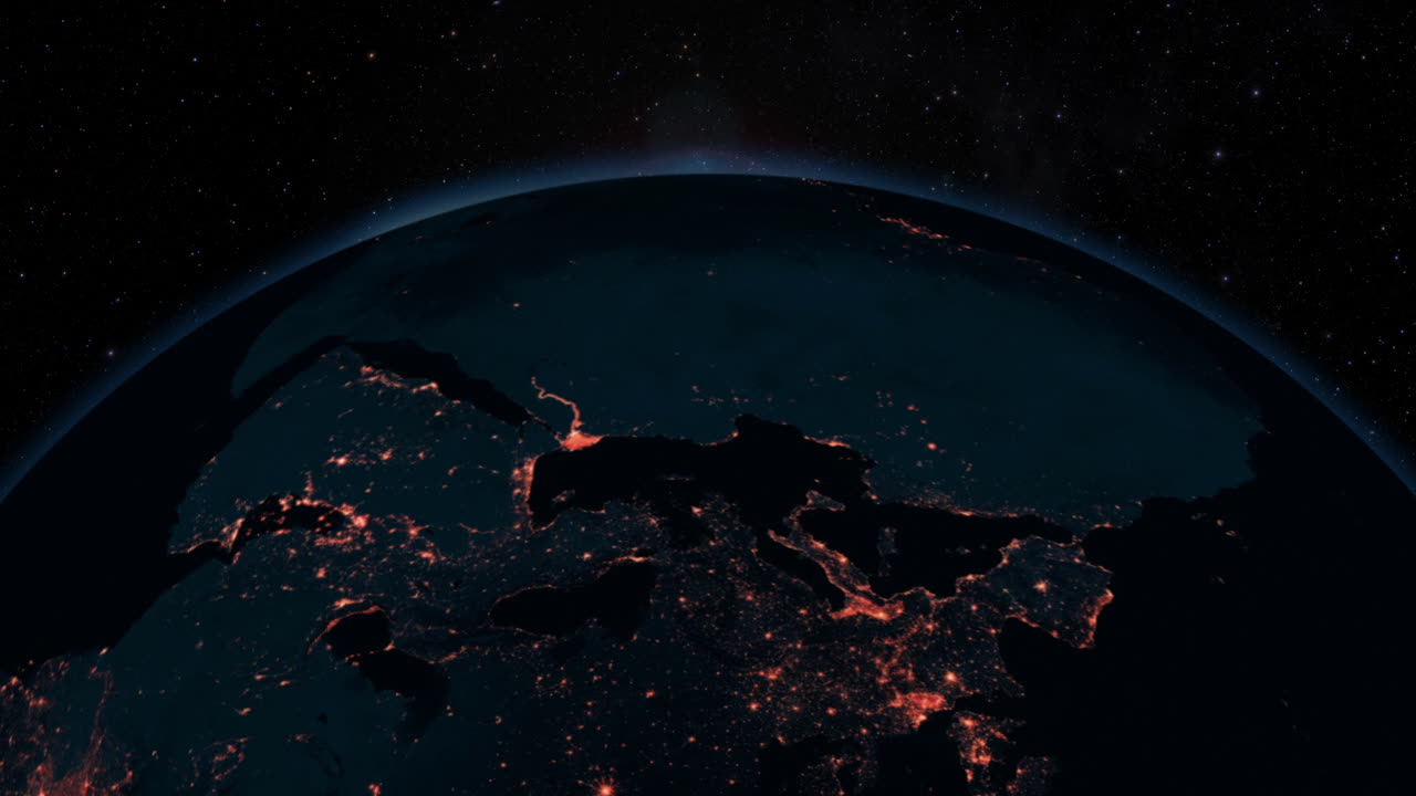 CGI Composite: Flying Over Planet Earth, Half Lit With A Starry ...