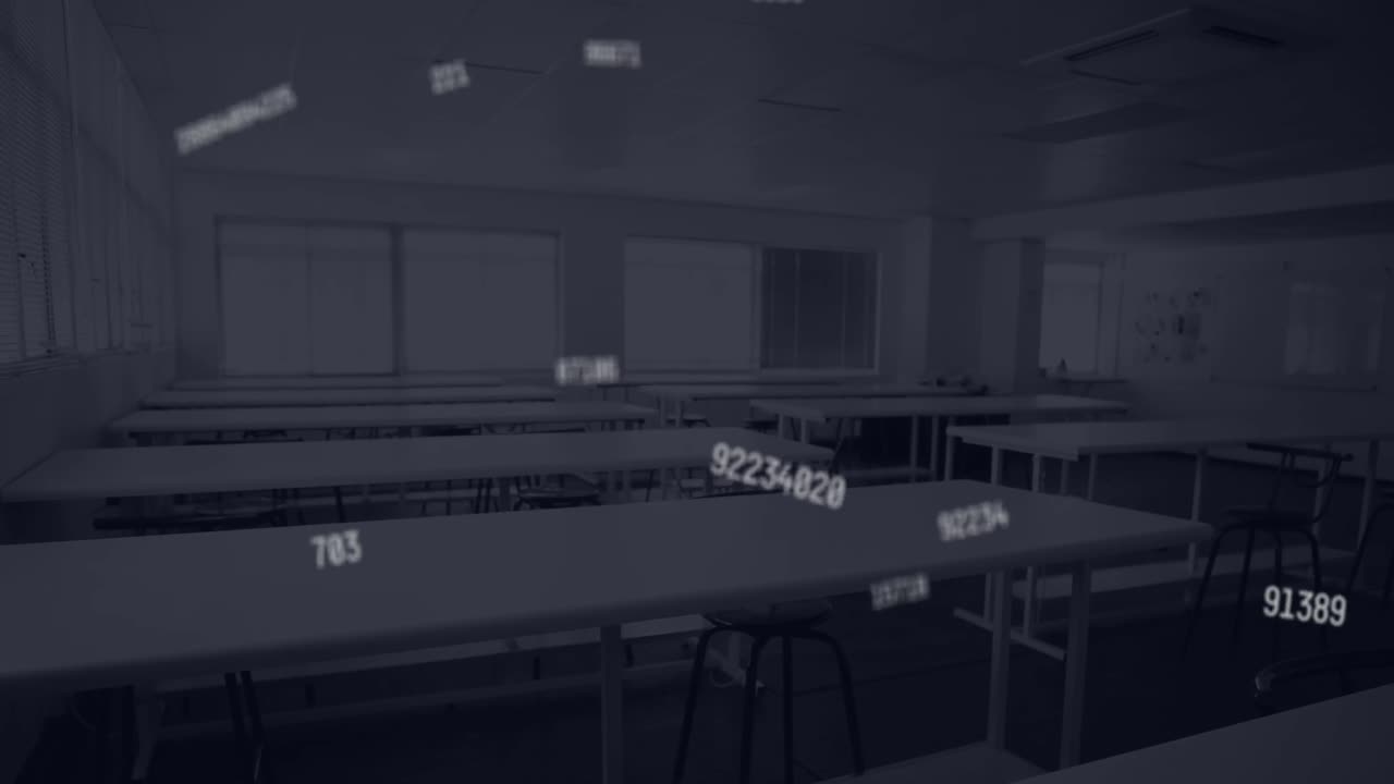 Digital Composition Of Multiple Changing Numbers Floating Against Empty Classroom In Background ...