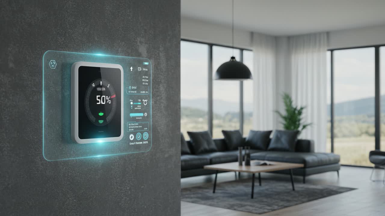 Modern Smart Thermostat in a Contemporary Living Room: Displaying ...