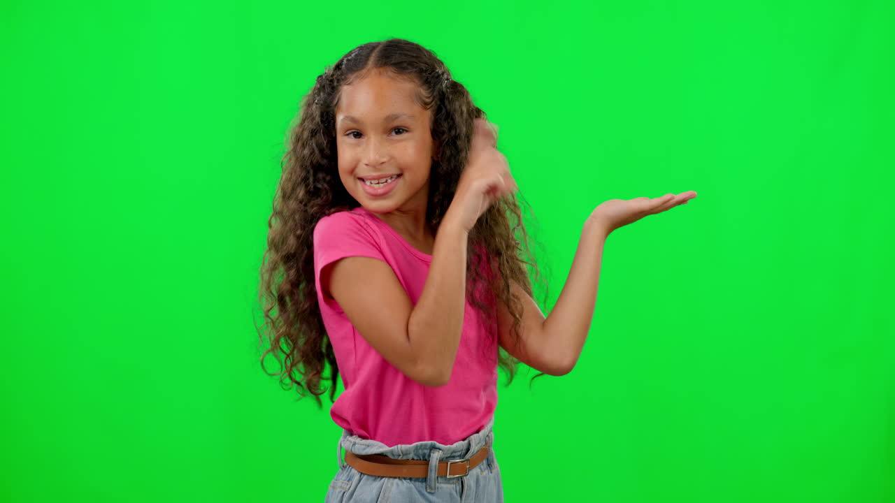 Premium stock video - Green screen, face and girl pointing