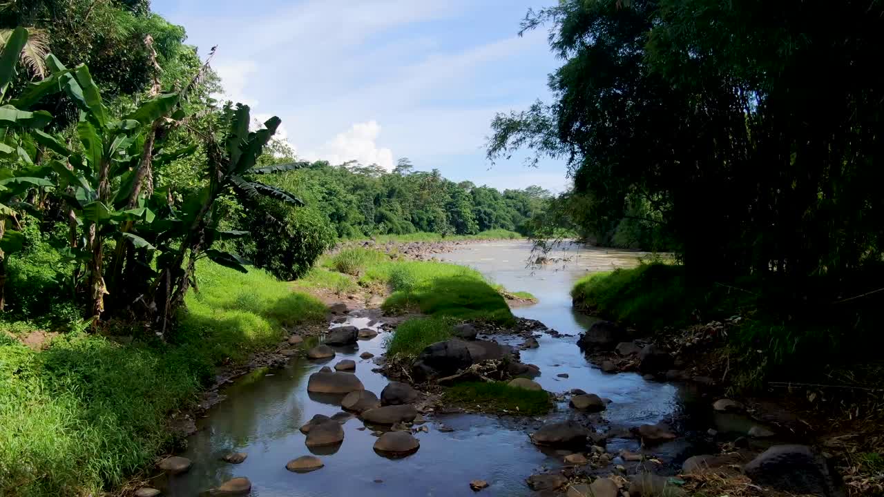 Low forward aerial of progo river and forest in magelang, indonesia ...