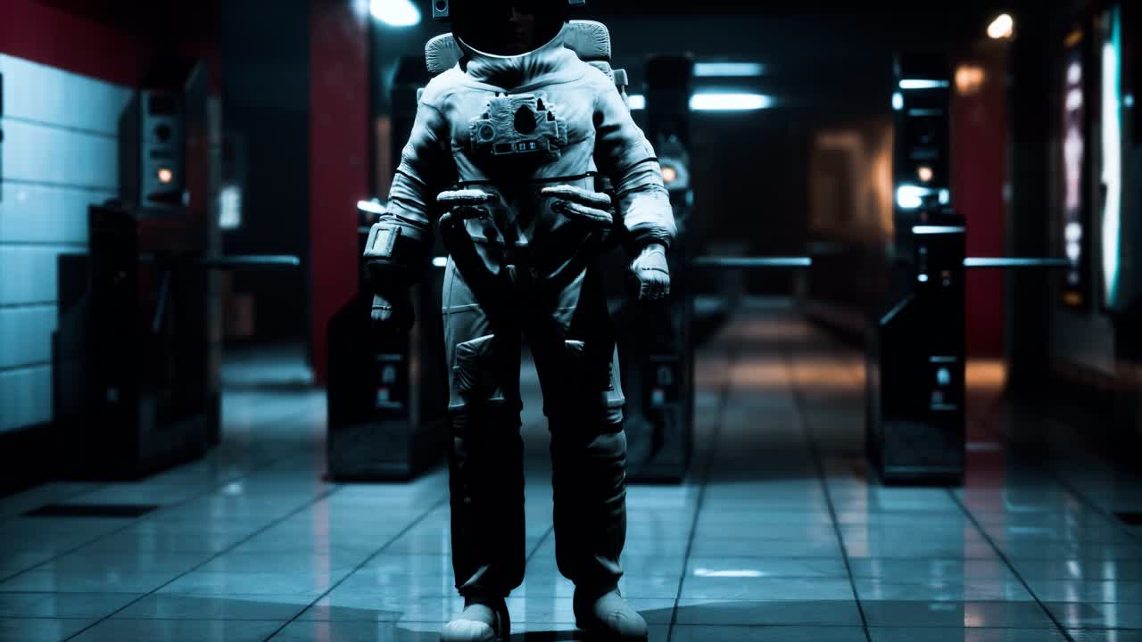 Premium stock video - Astronaut at underground metro subway