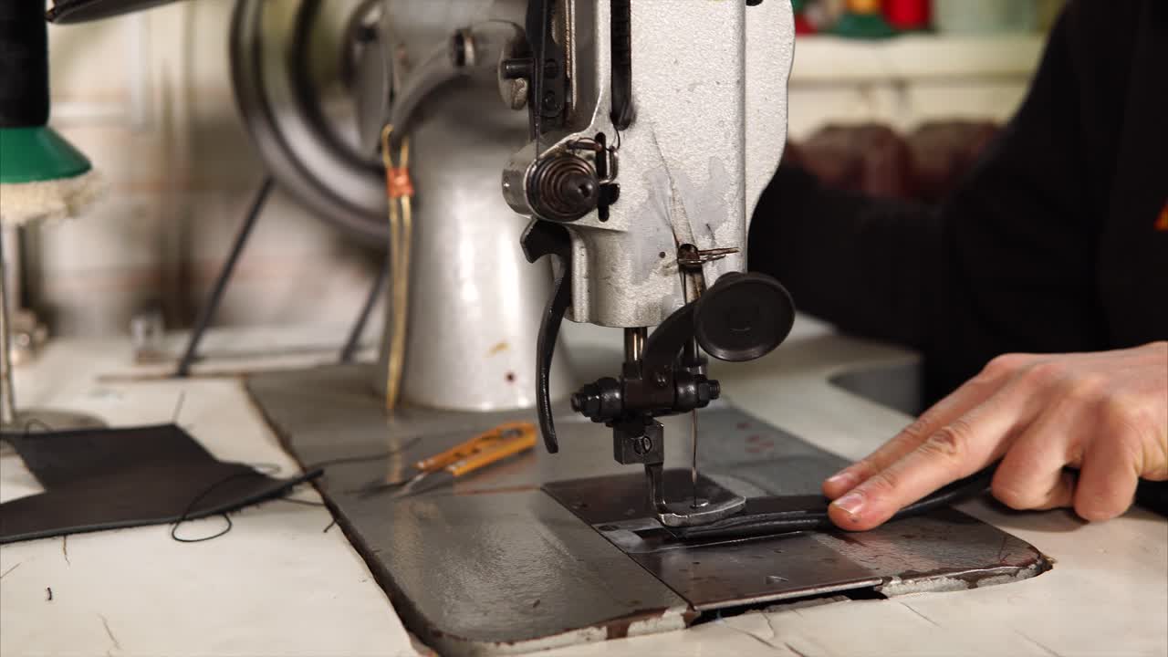 Vintage Leather Sewing Machine in Action | Premium Stock Video Footage