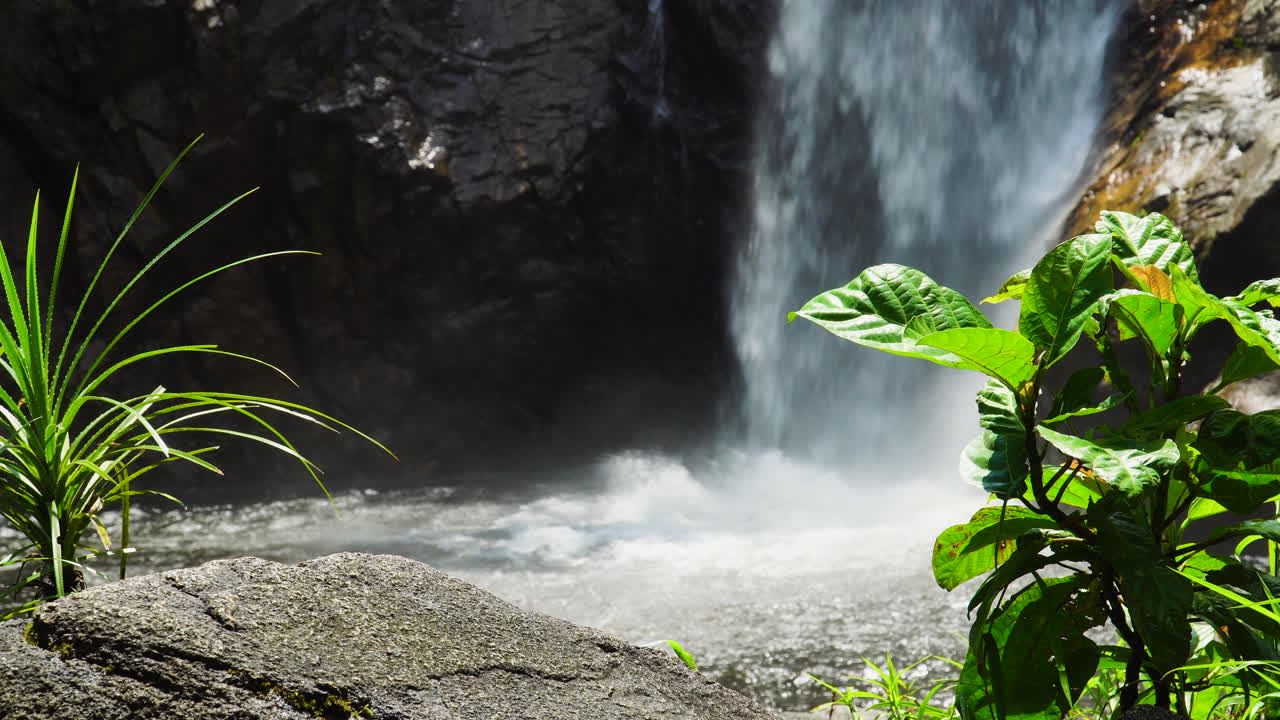 Paradisiacal tropical scene with Ta Gu waterfall in background ...