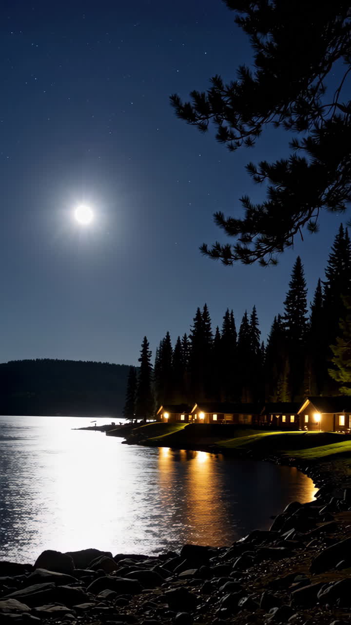 Full Moon Night over Lakeside Cabins | Vídeo de stock Premium