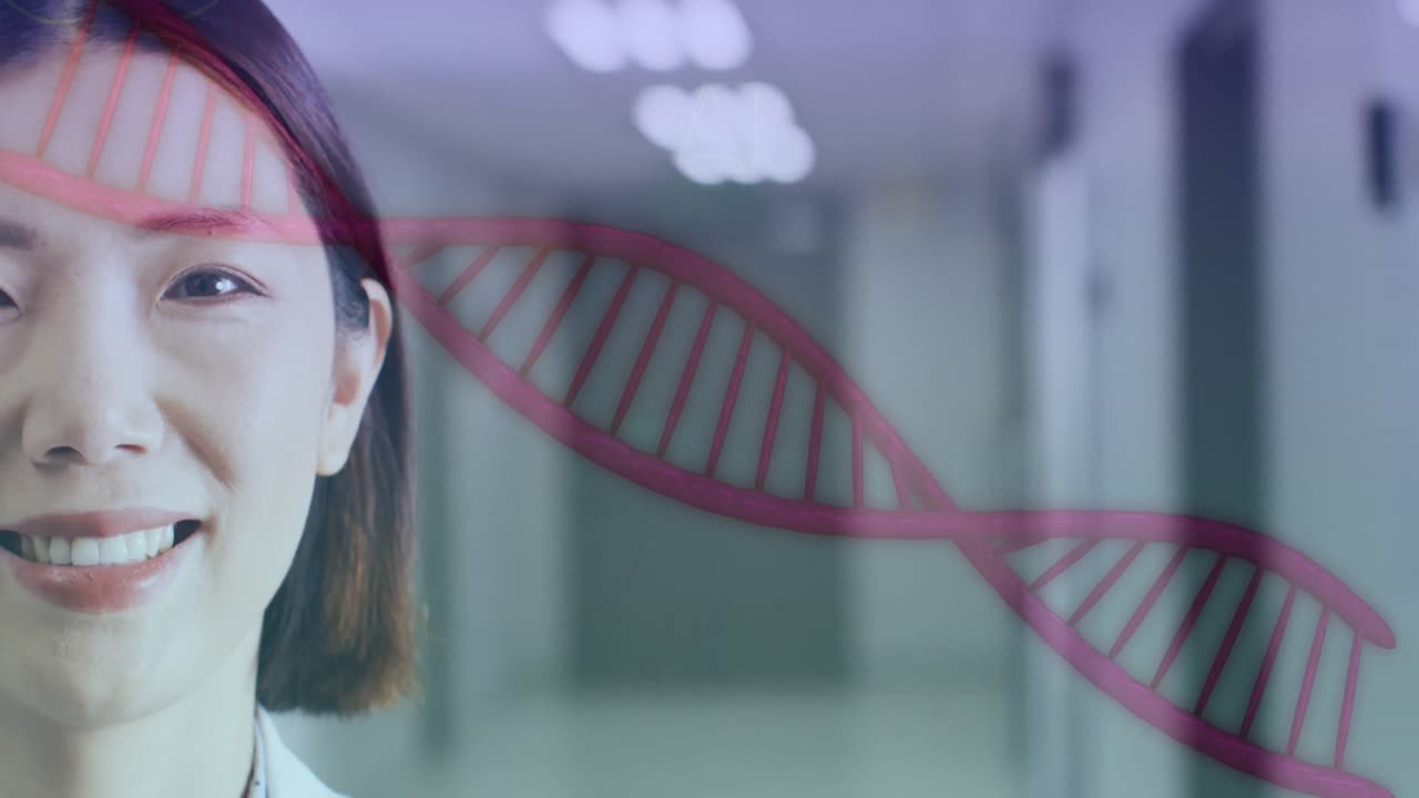 Premium stock video - Animation of dna strand over asian female doctor