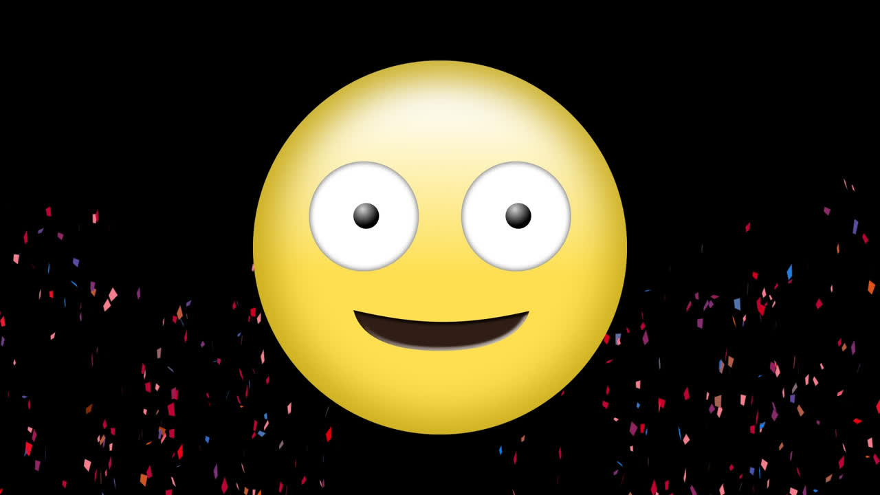 Premium stock video - Animation of multi coloured confetti falling and emoticon against black ...