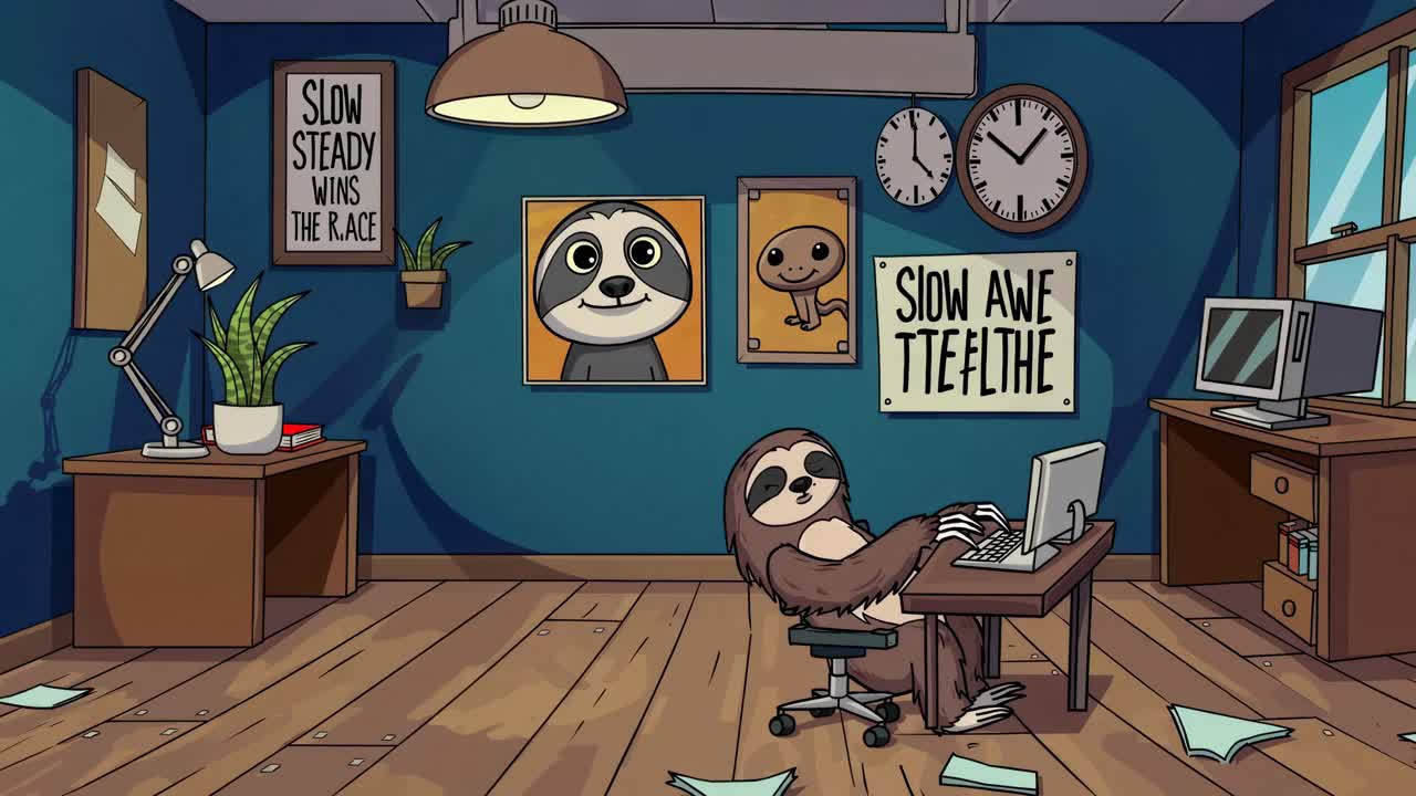 A sloth works at a desk in a cozy office, surrounded by motivational ...