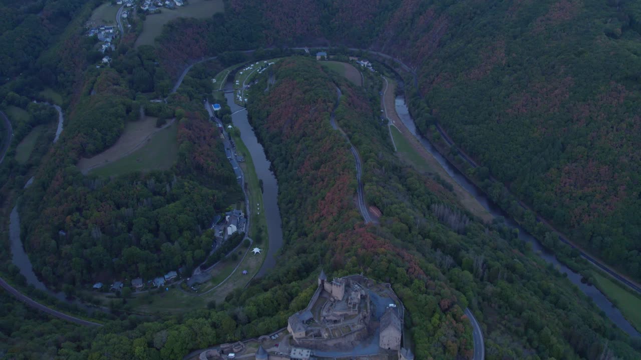 Premium stock video - High above bourscheid castle with view of river ...