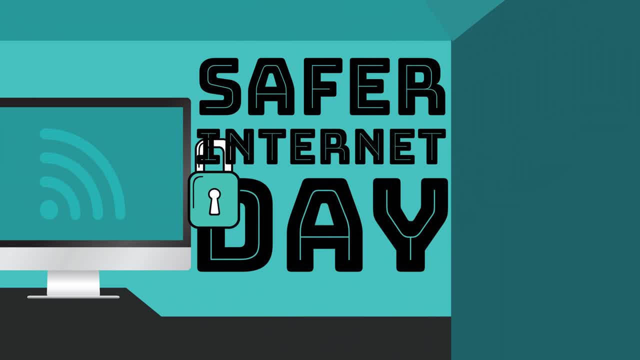 Animation of safer internet day text over icons and blue background ...