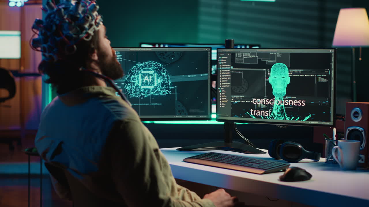 Premium stock video - Programmer using eeg headset to upload his mind into pc, attaining immortality
