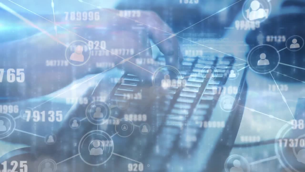 Animation Of Network Of Connections With Icons And Data Processing Over Hands Typing On Keyboard ...