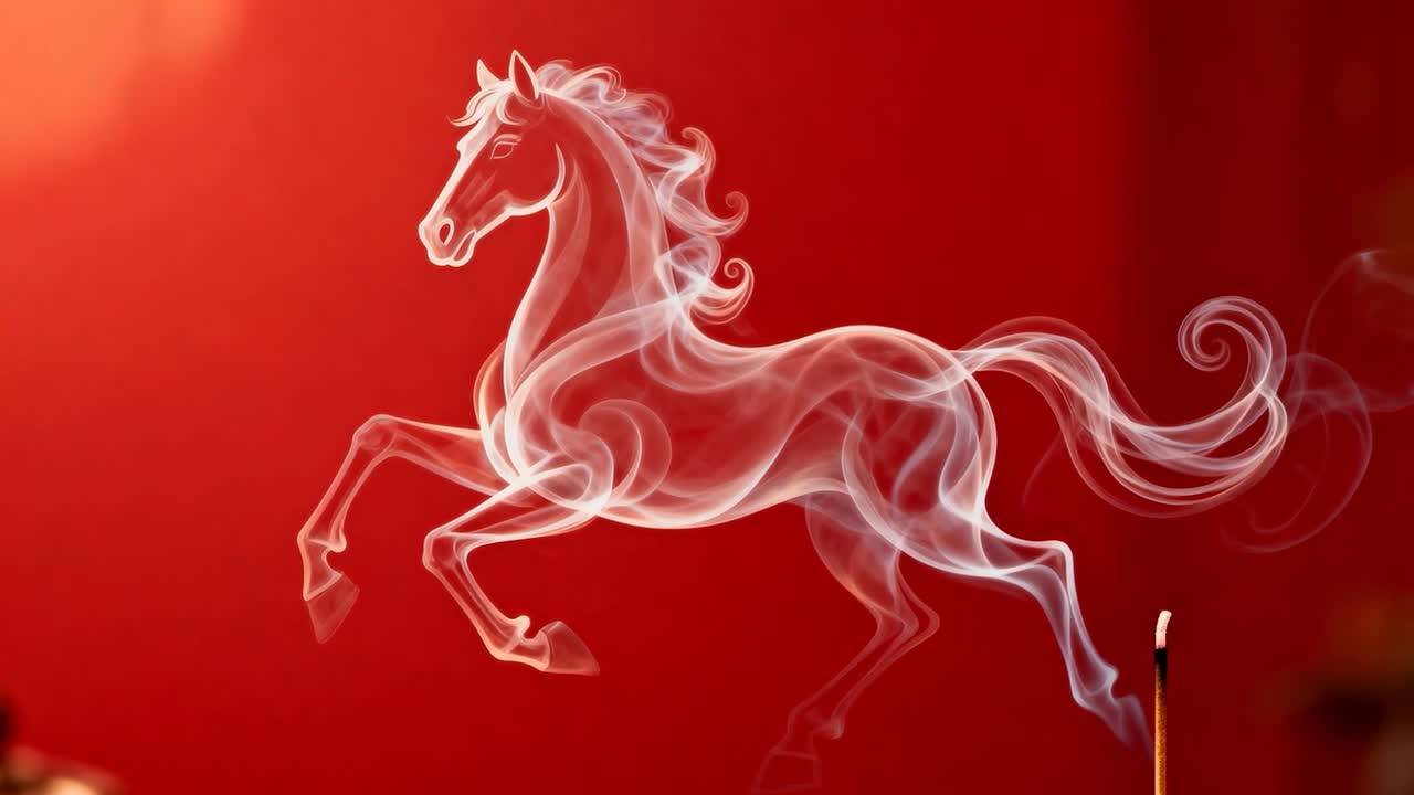 Forming wispy smoke horse galloping across red backdrop, burning ...