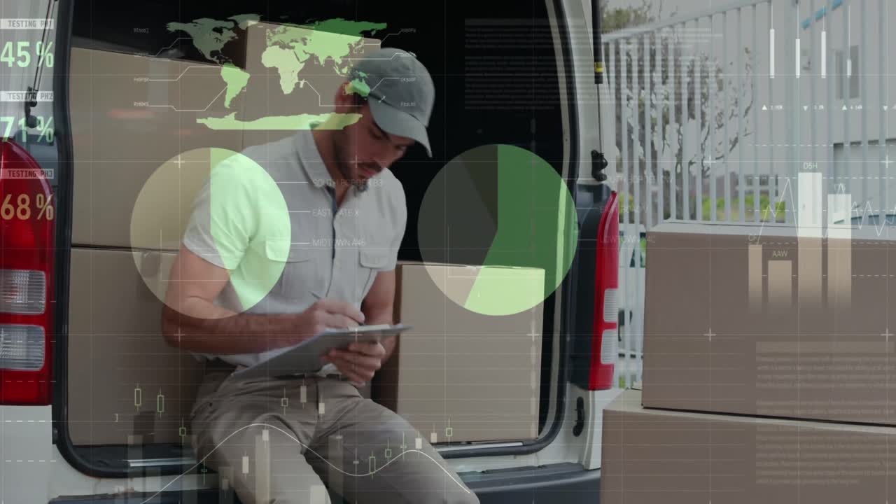 Animation of statistics and financial data processing over delivery man and van Premium Stock ...