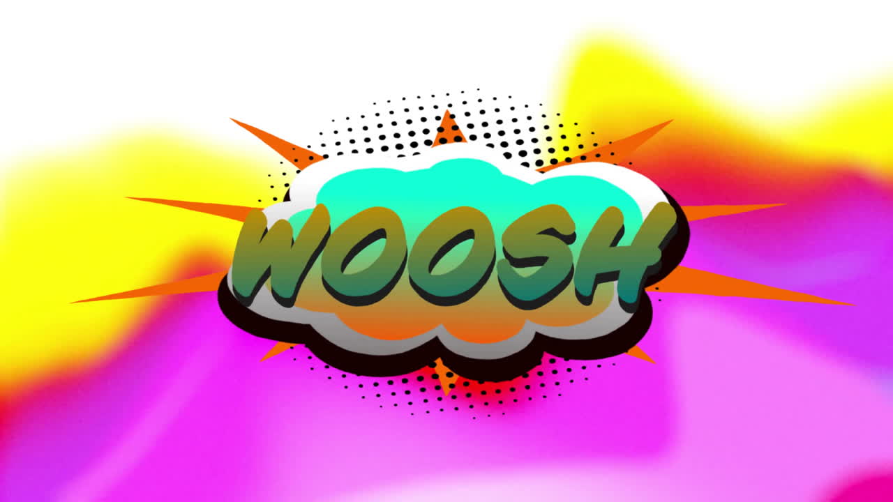 Animation of woosh text on explosion over pink and yellow background ...