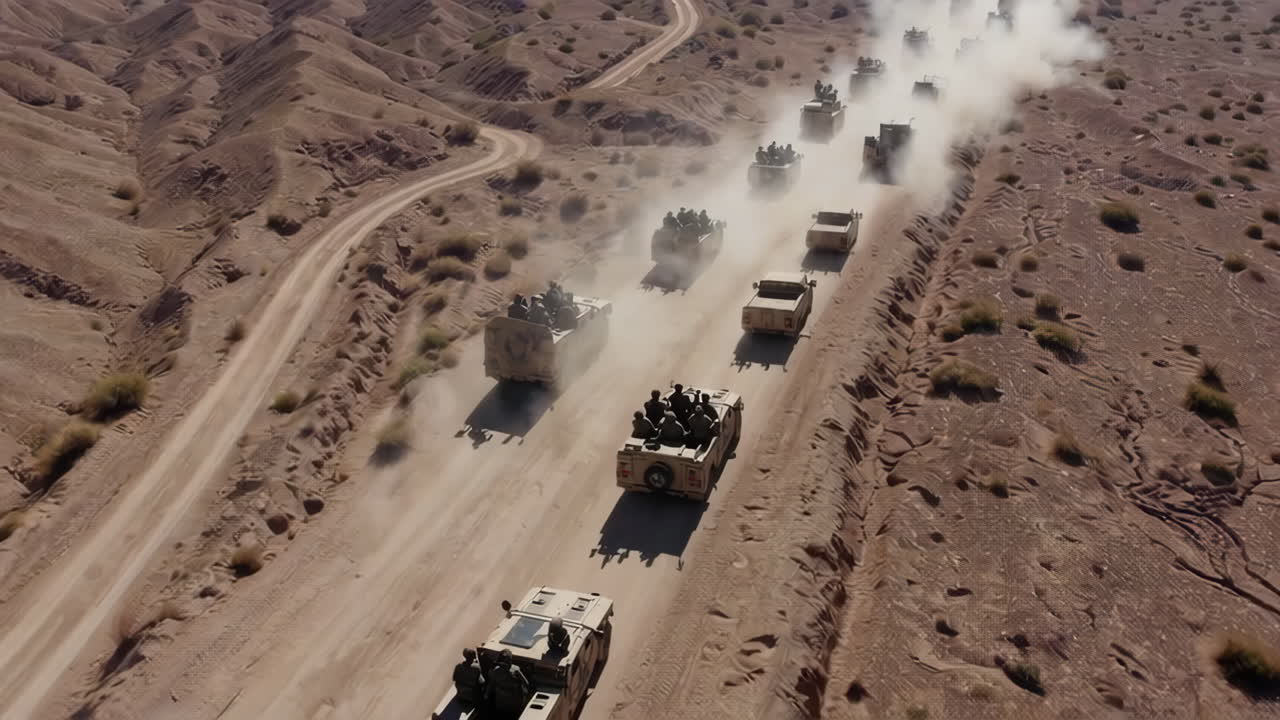 Military Convoy in Desert Terrain | Premium Stock Video Footage