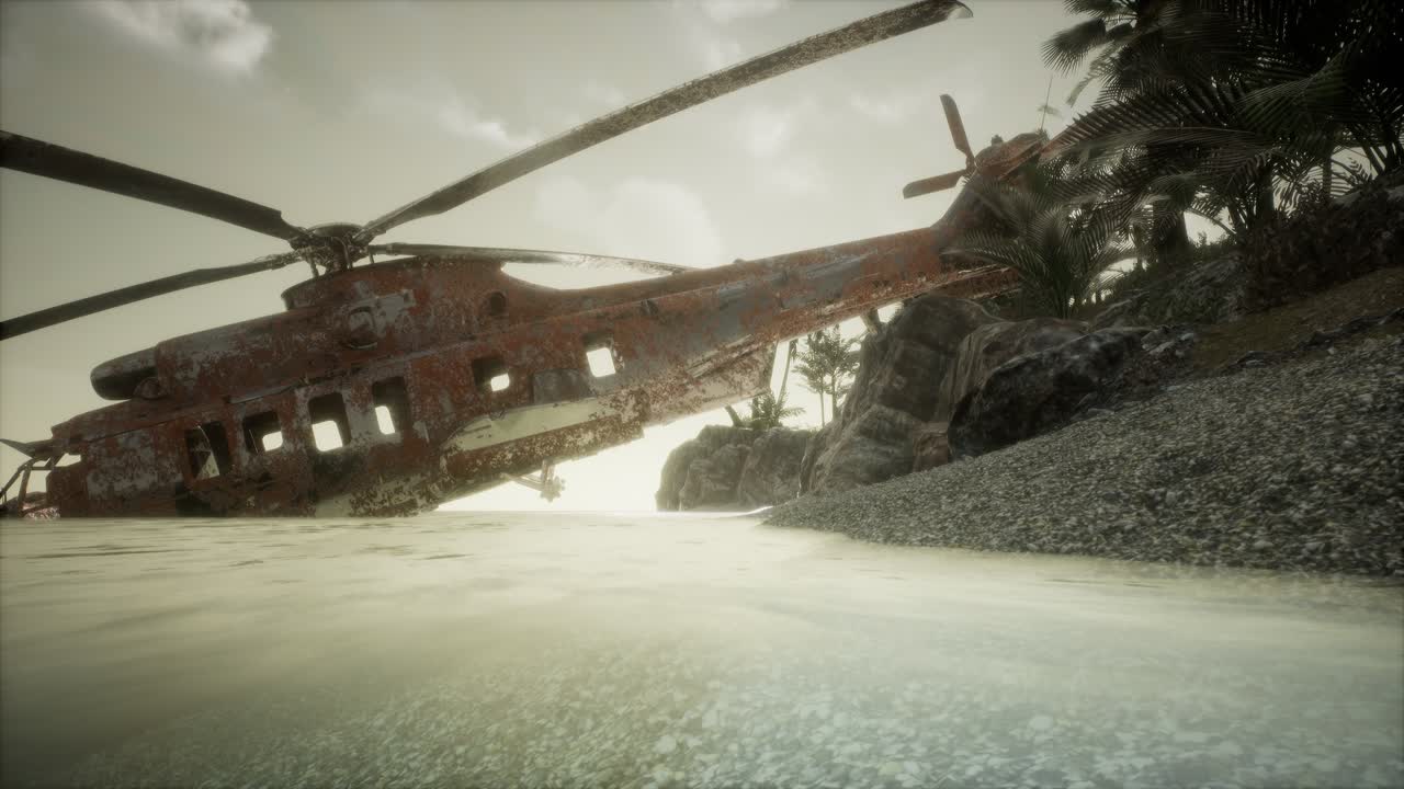 Free stock video - Old rusted military helicopter near the island
