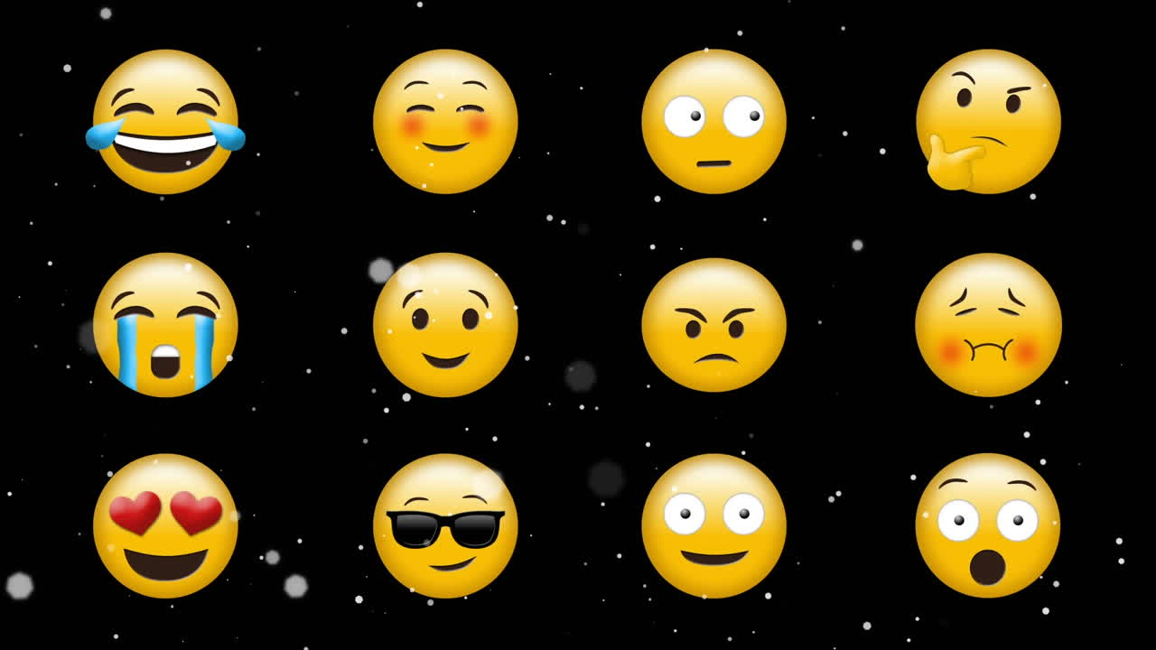 Animation of emojis icons over moving white spots on black background ...