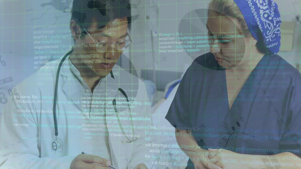 Animation of infographic interface, computer language, diverse doctors ...